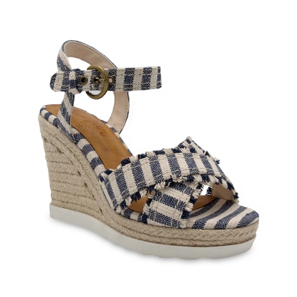 Shoes | Blue And White Striped Wedge Sandals With Rope Detail | Poshmark